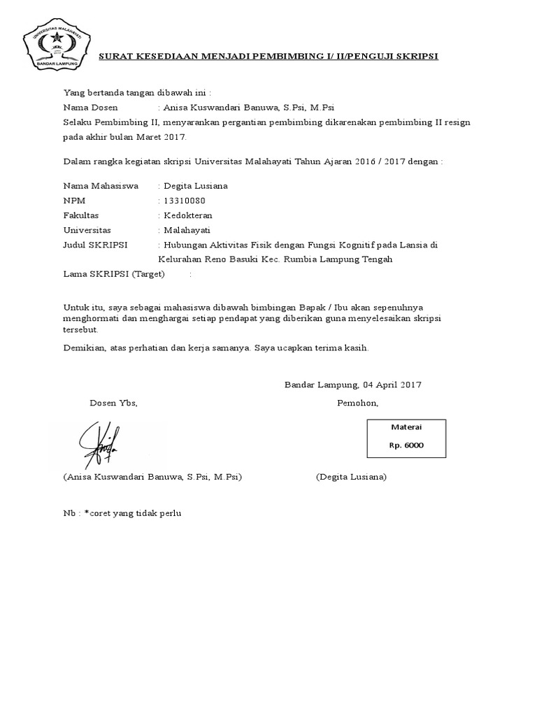 Surat Kesediaan Menjadi Pembimbing Dan Penguji | PDF