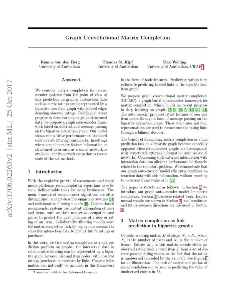 Graph Convolutional Matrix Completion | PDF | Artificial Neural Network | Matrix (Mathematics)