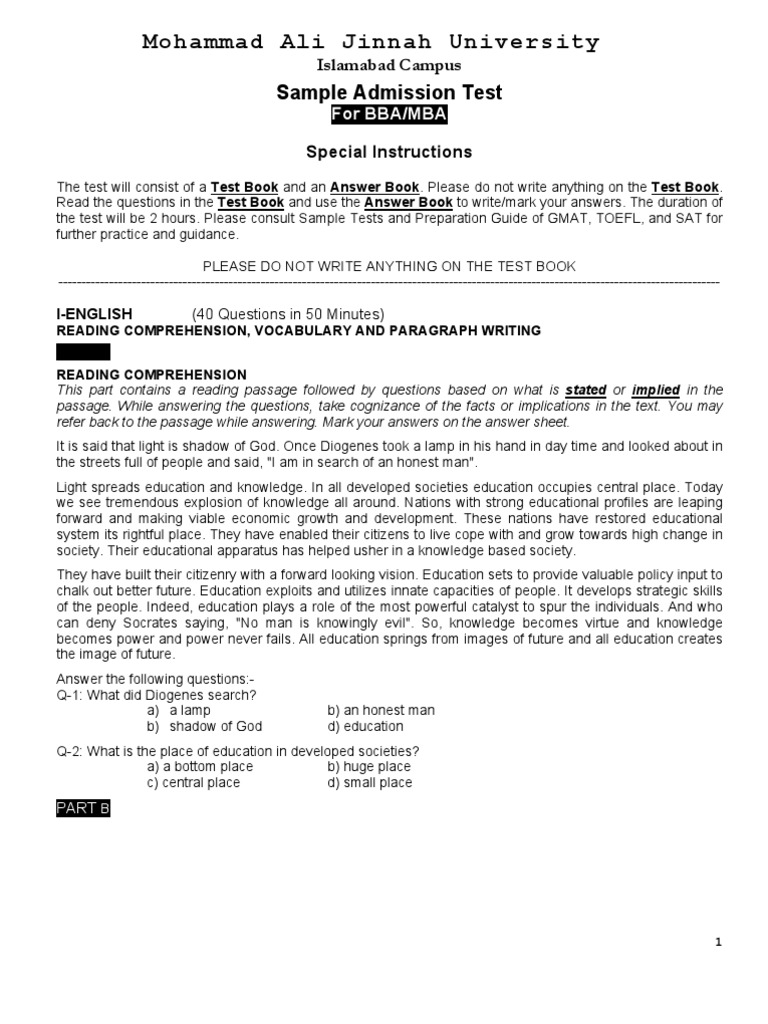 Jinnah University BBA/MBA Test Guide | PDF | Carbon | Nature