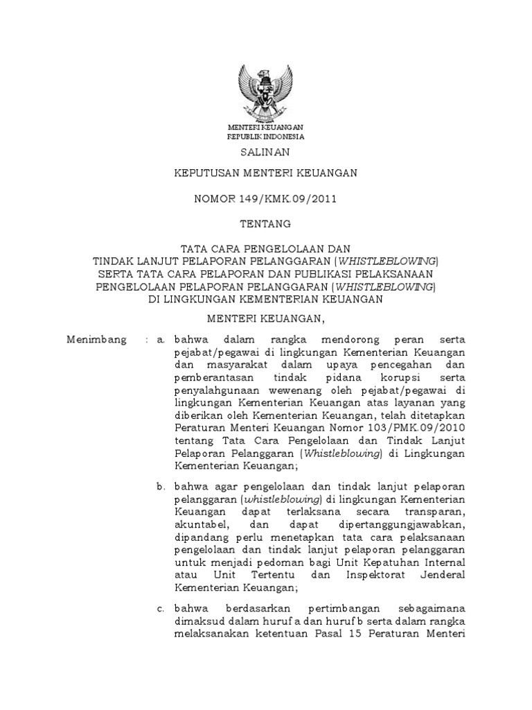 KMK 149-2011 - Whistleblowing | PDF | Pengelolaan Keuangan & Uang