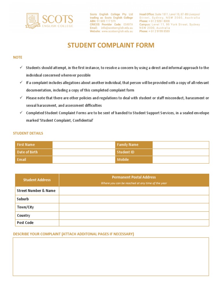 Student Complaint Form | PDF | Career & Growth | Wellness