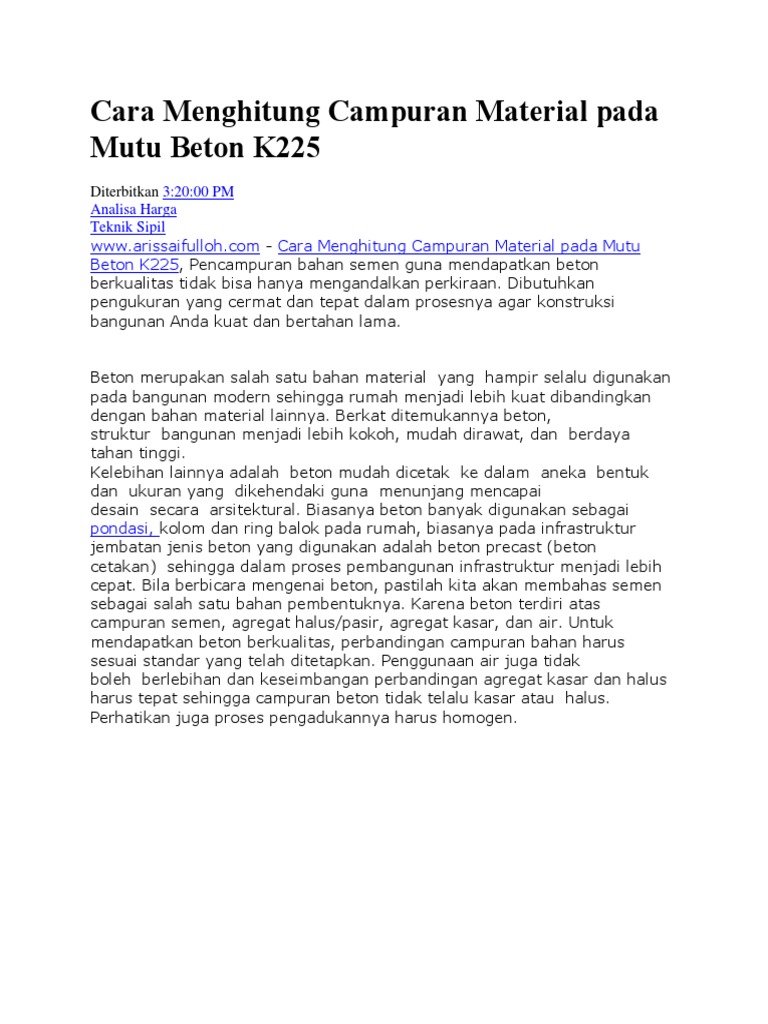 Cara Menghitung Campuran Material Pada Mutu Beton K225 | PDF