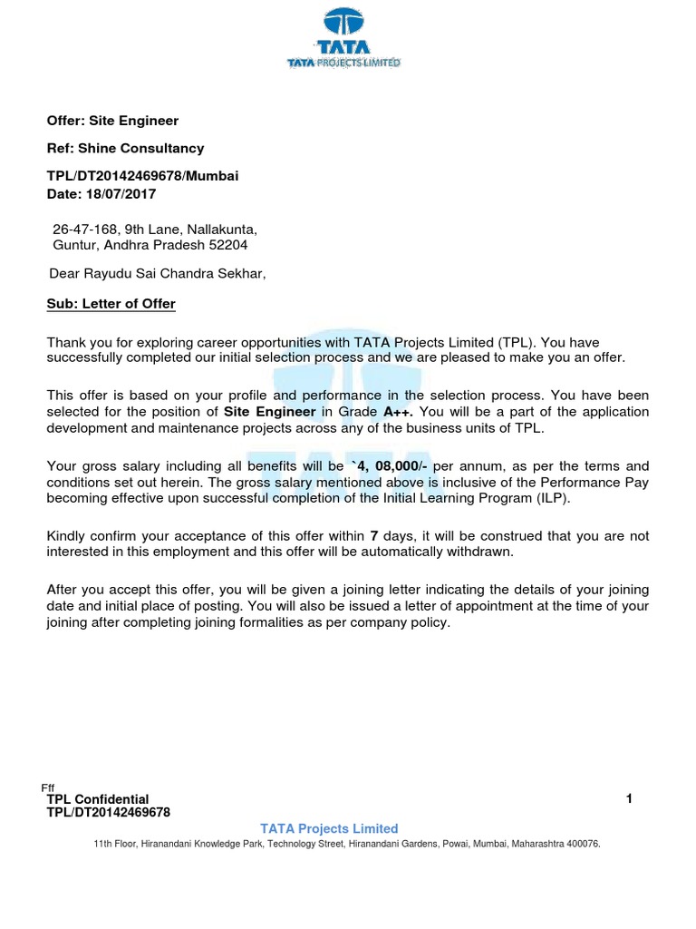 Tata Projects Offer Letter For Rayudu Sai Chandra Sekhar PDF | PDF ...