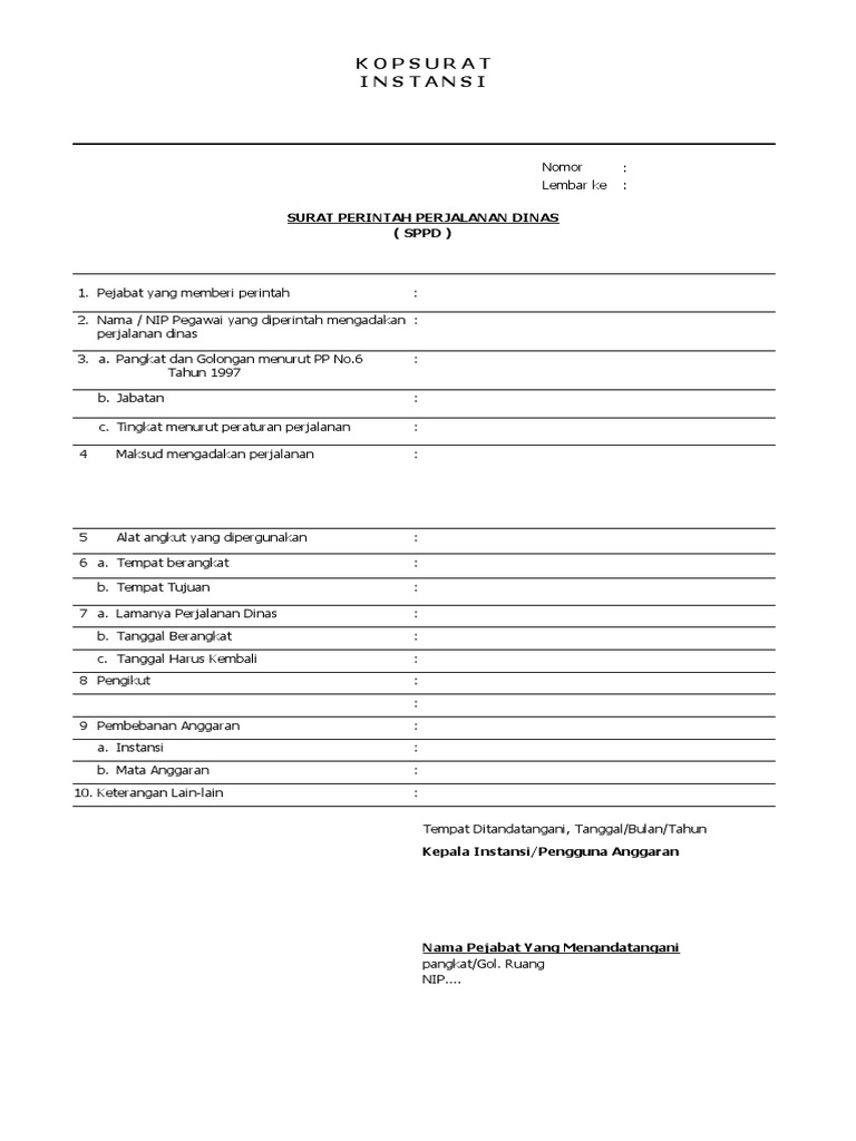 Contoh Format SPPD Perjalanan Dinas ASN Bagian Depan | PDF
