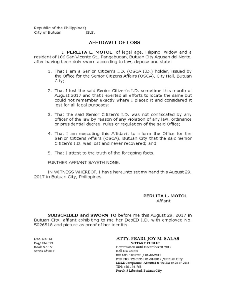 Affidavit for Lost Senior Citizen ID | PDF | Law