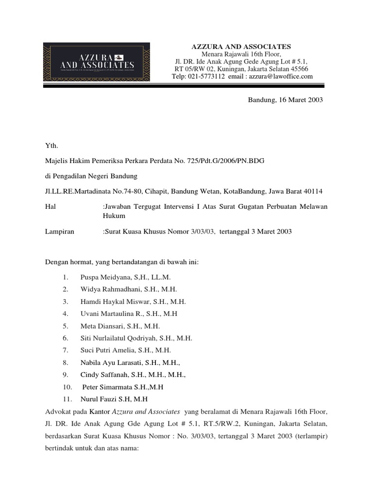 Jawaban Gugatan Penggugat Intervensi | PDF | Hukum