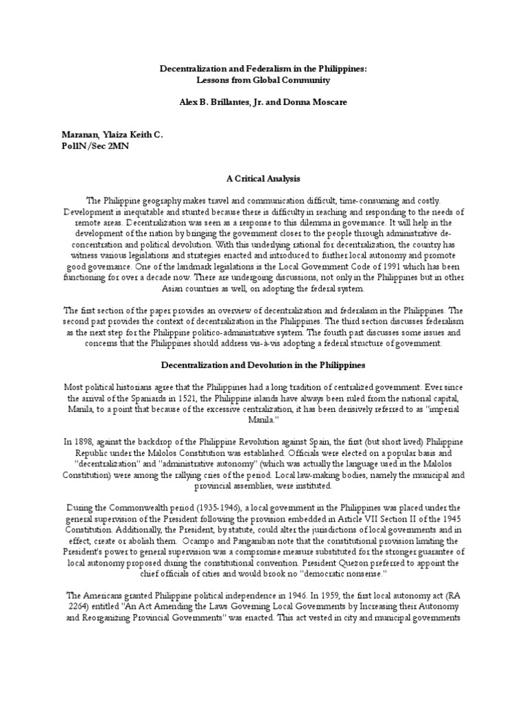 Decentralization and Federalism in The Philippines | PDF | Federalism ...