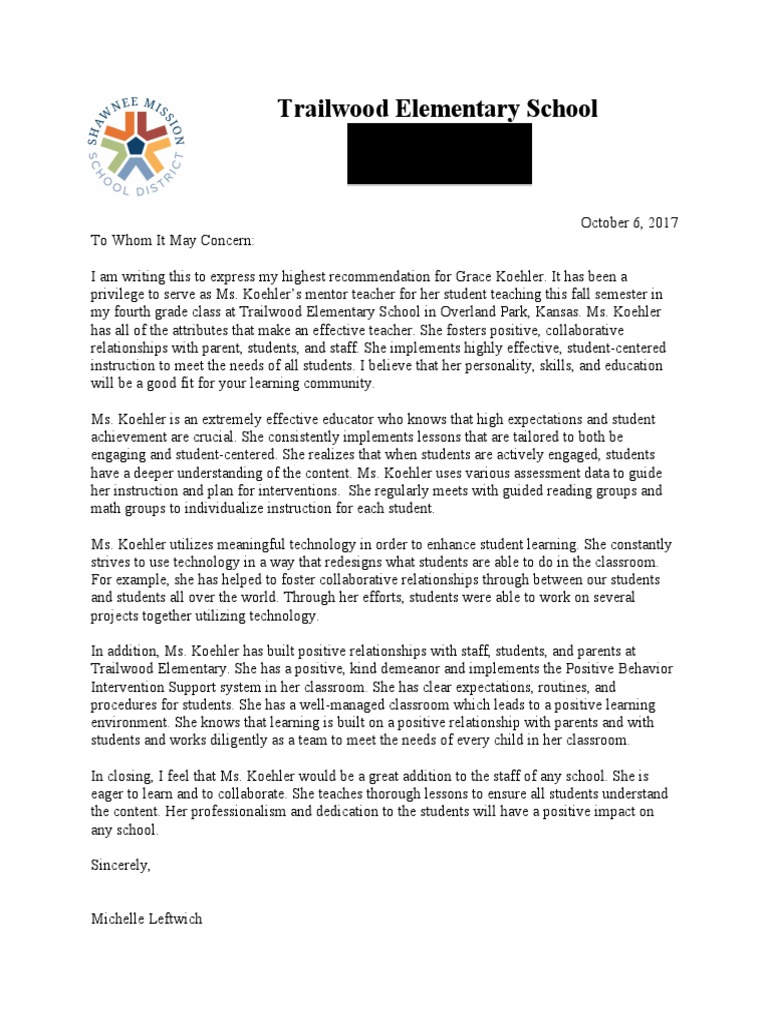 Grace Letter of Recommendation | PDF | Teachers | Classroom
