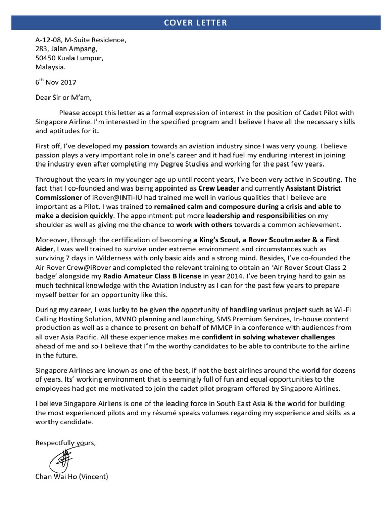 Cadet Pilot Cover Letter | Business