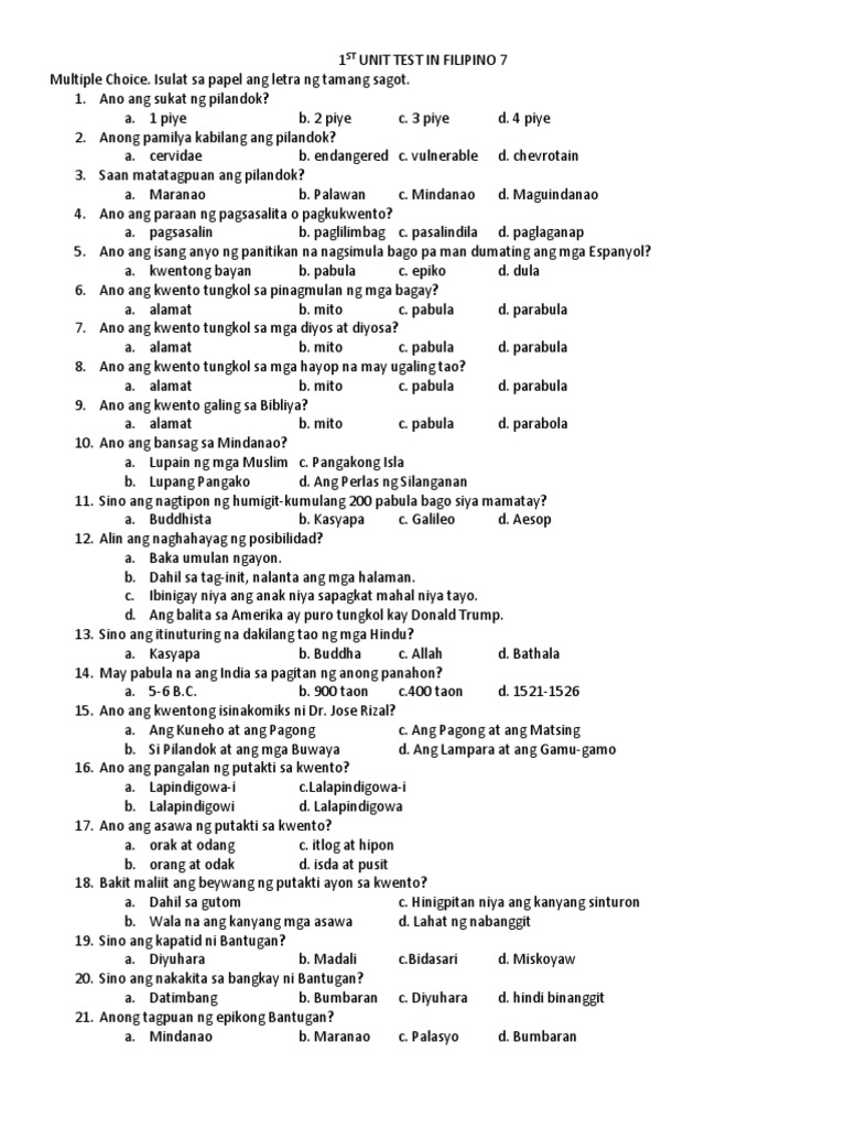 1st Unit Test in Filipino 7 | PDF
