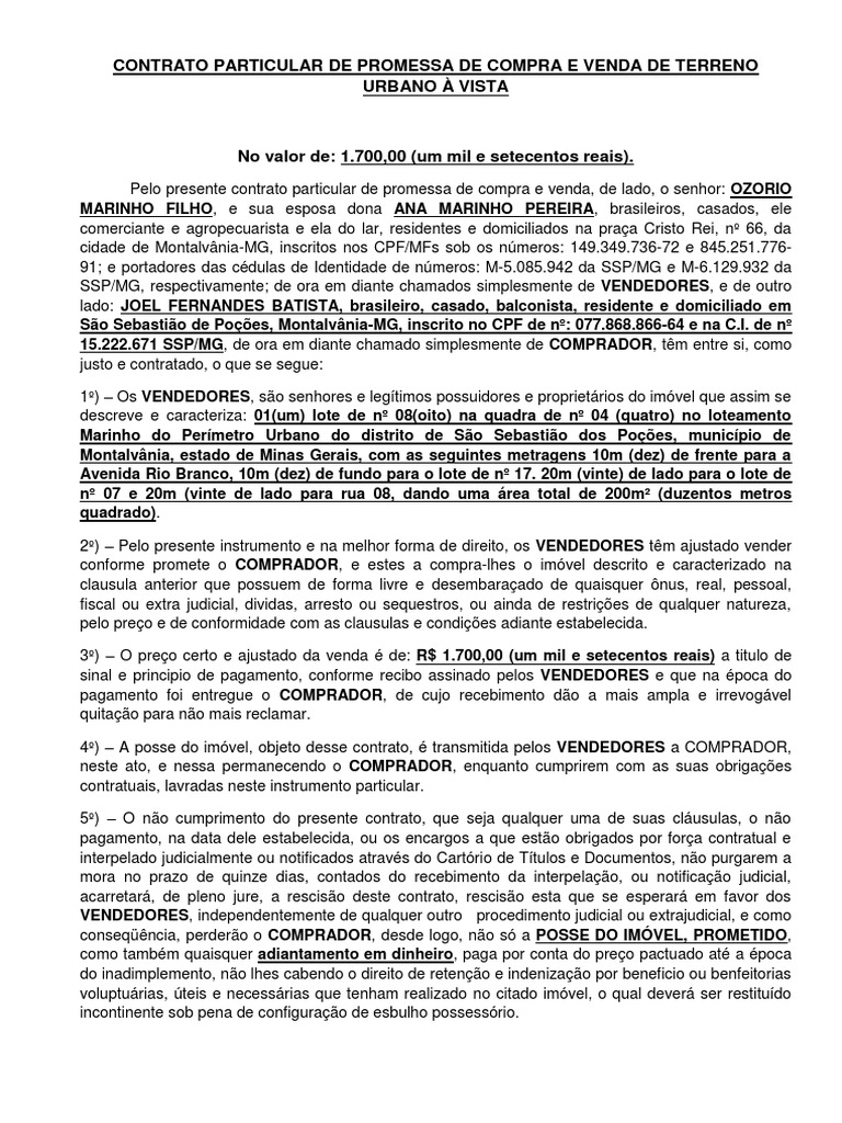 Contrato Particular de Promessa de Compra e Venda de Terreno Urbano À Vista | Direito Comum ...