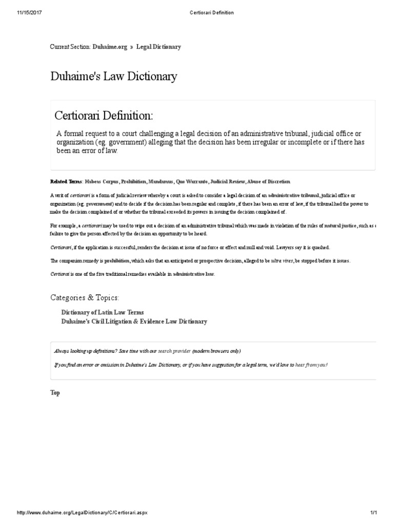 Duhaime's Law Dictionary Certiorari Definition:: Categories & Topics | PDF