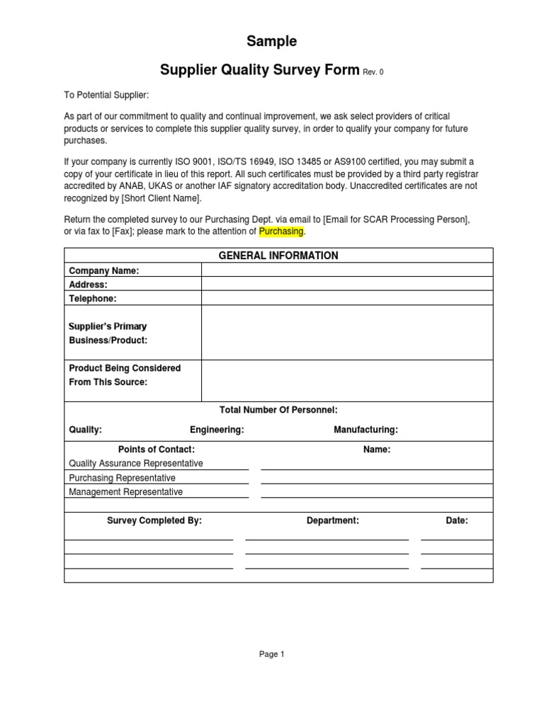 Template - Supplier Quality Survey - Rev 0 | Calibration | Quality ...