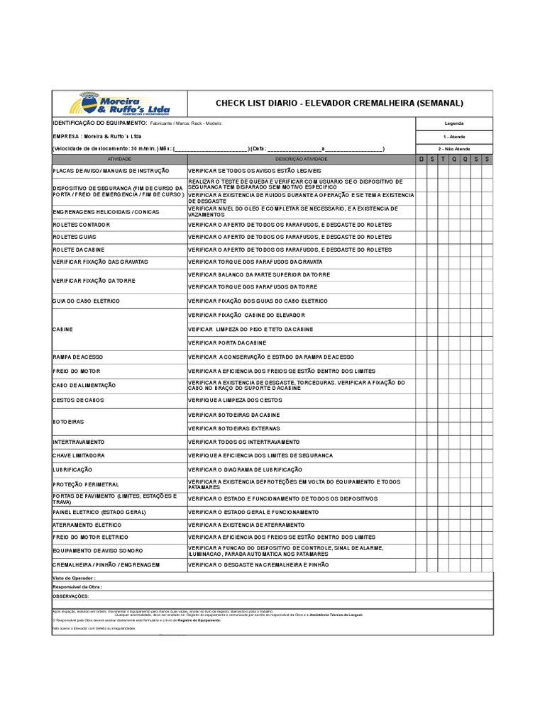 Checklist semanal de inspeção e manutenção de elevador a cremalheira | PDF