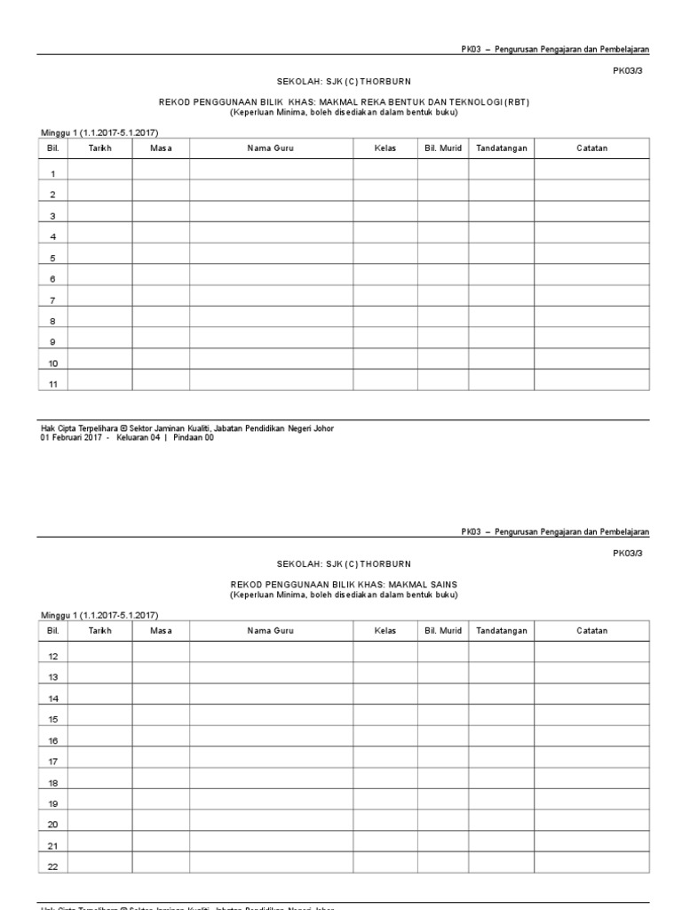 Pk03 3 Rekod Penggunaan Bilik RBT Ahun 2017 | PDF