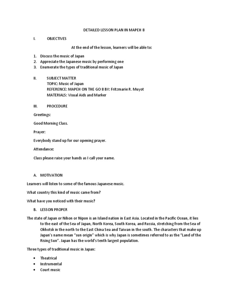 Lesson Plan In Mapeh Grade 8 Lesson Plan Performing Arts Lesson Plan