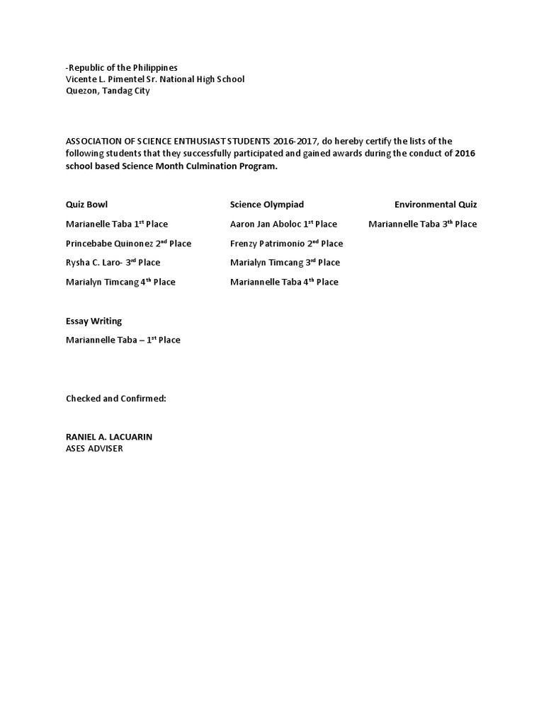 School Based Science Month Culmination Program.: ST ST TH | PDF