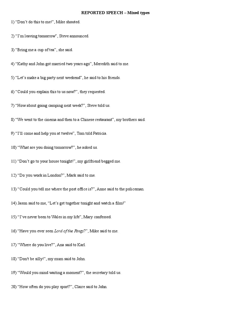 REPORTED SPEECH - Mixed Types | PDF