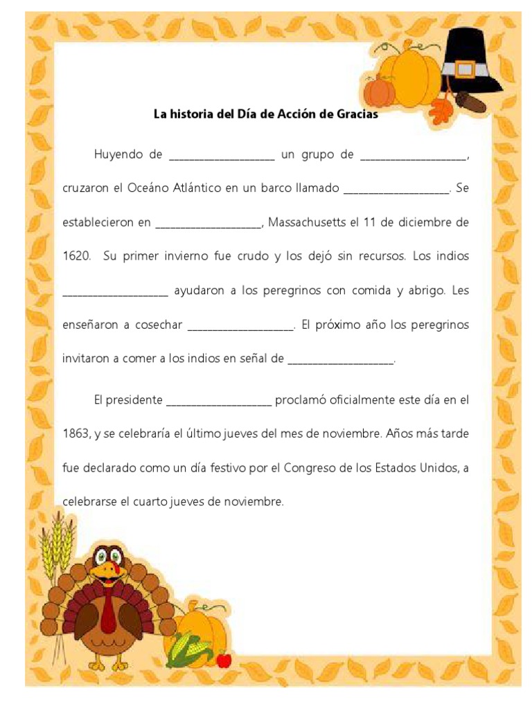 La Historia Del Día de Acción de Gracias Llena Blancos | PDF | Acción ...