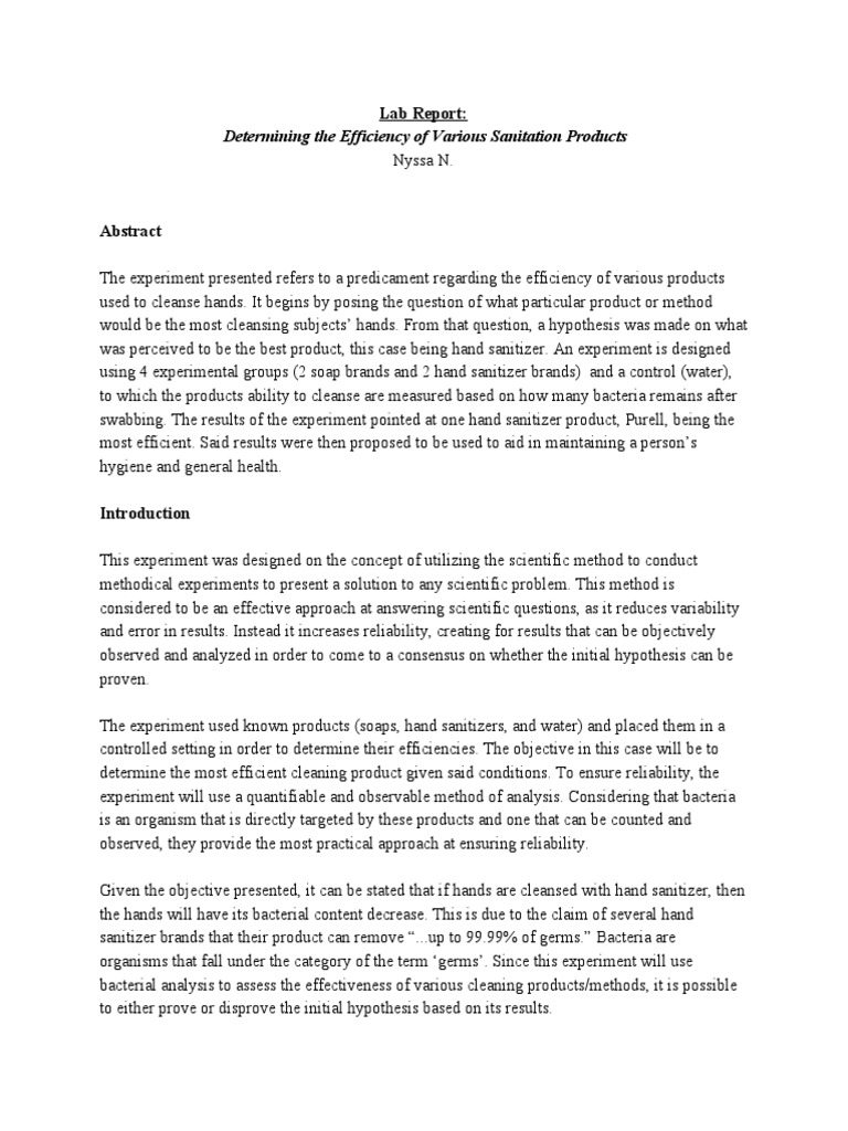 Hand Sanitizer Efficiency Lab Report | PDF | Hygiene | Public Health