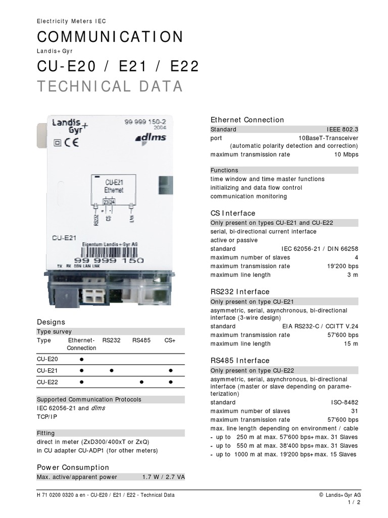 Landis+Gyr Cu-E20-E21-E22 | PDF | Bit Rate | Electrical Connector