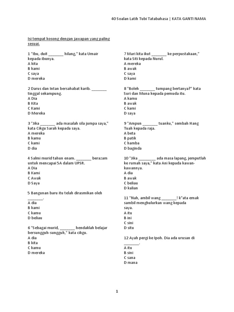 Isi Tempat Kosong Dengan Jawapan Yang Paling Sesuai | PDF