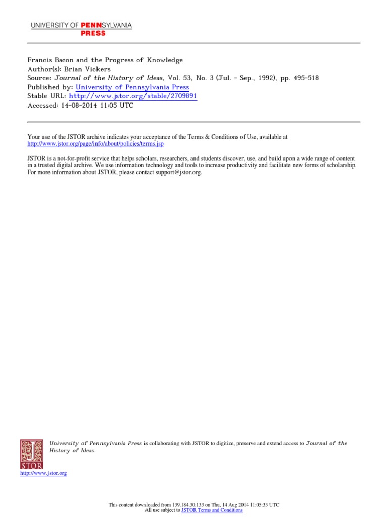 Vickers, Francis Bacon and The Progress of Knowledge | PDF | Francis ...