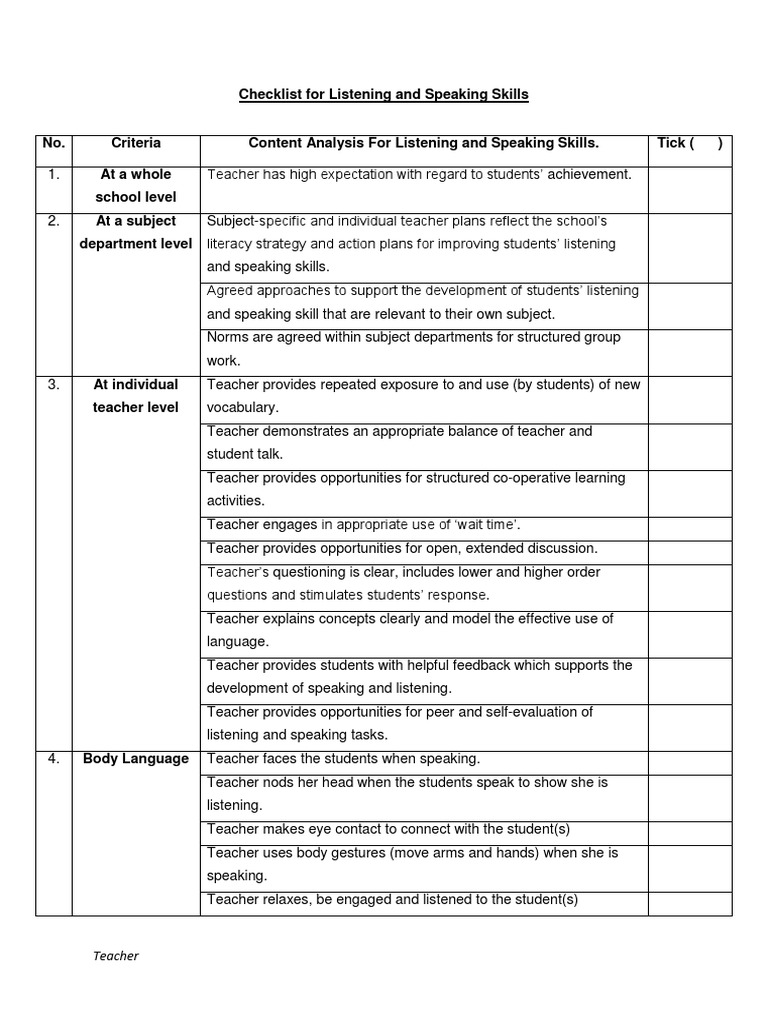 Checklist For Listening and Speaking Skills (Teacher) | PDF | Verb | Adverb