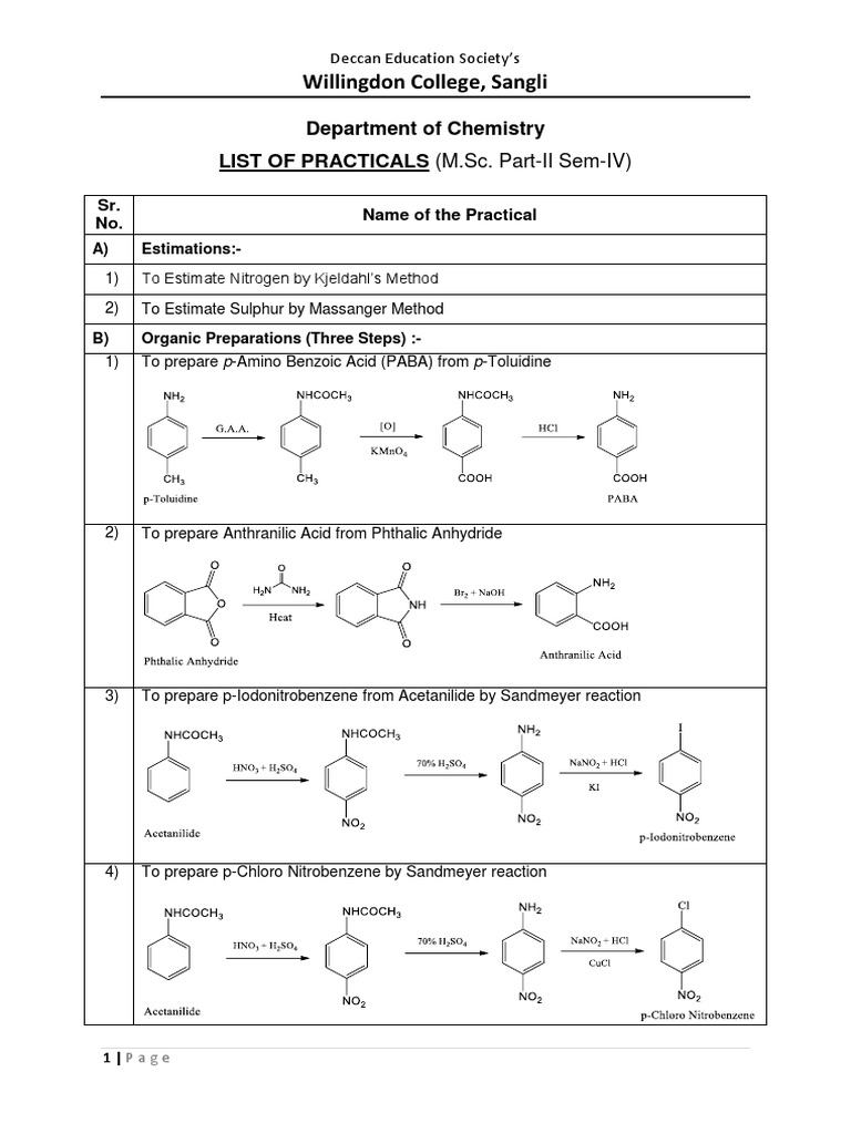 Willingdon College, Sangli: Department of Chemistry List of Practicals ...