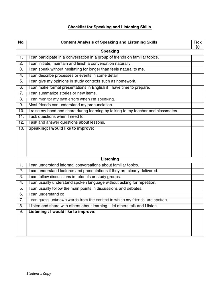 Checklist for Speaking and Listening Skills (Student's Copy ...