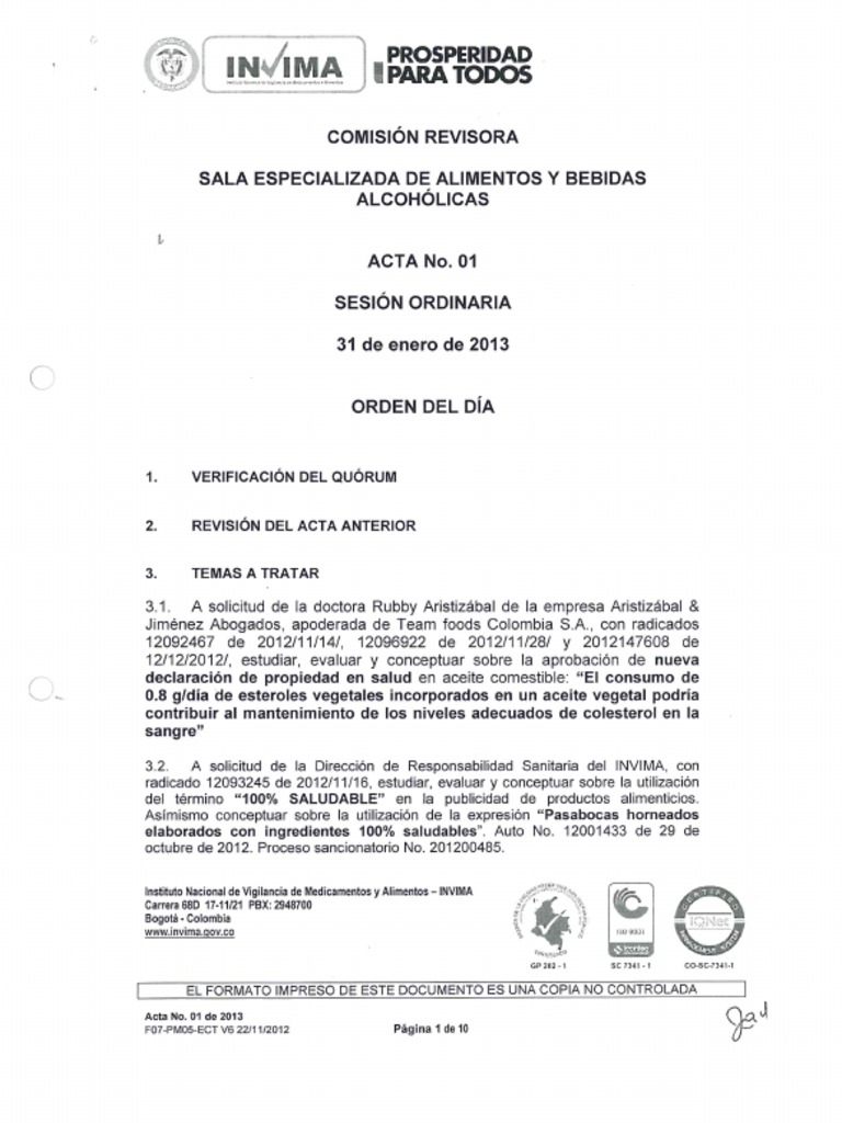 Concepto de Sala Especializada de Alimentos y Bebidas Alcoholicas - Invima - Acta No. 01 Del 31 ...