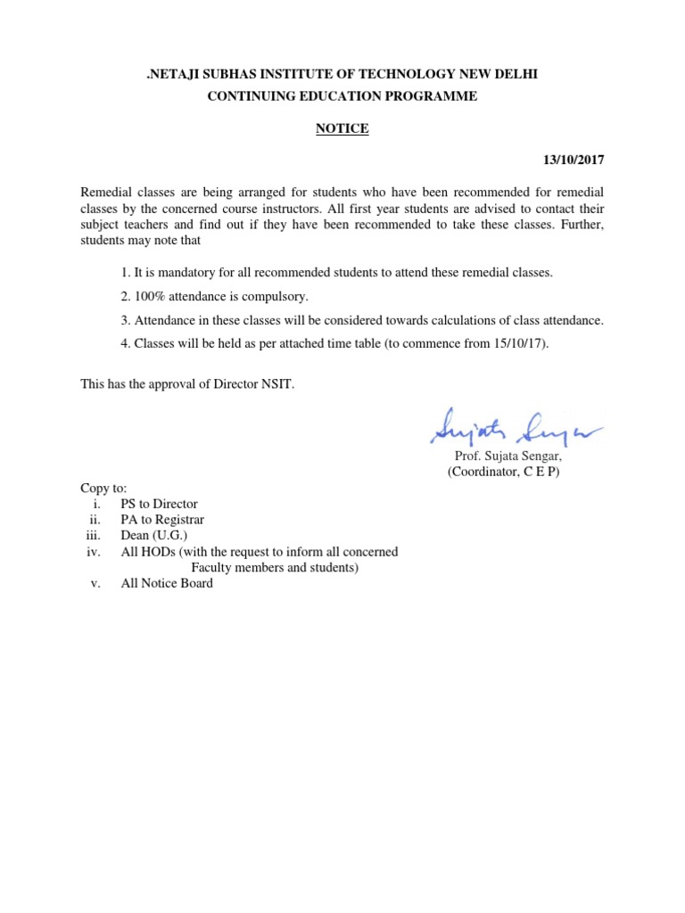 Remedial Class Notice | Students | Further Education