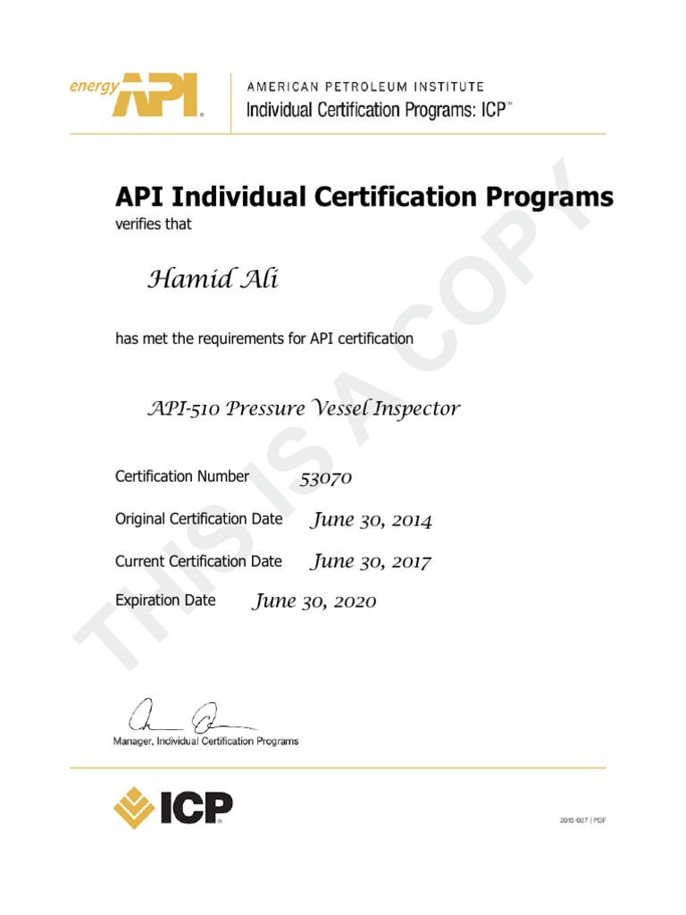 API Individual Certification Programs: Hamid Ali | PDF