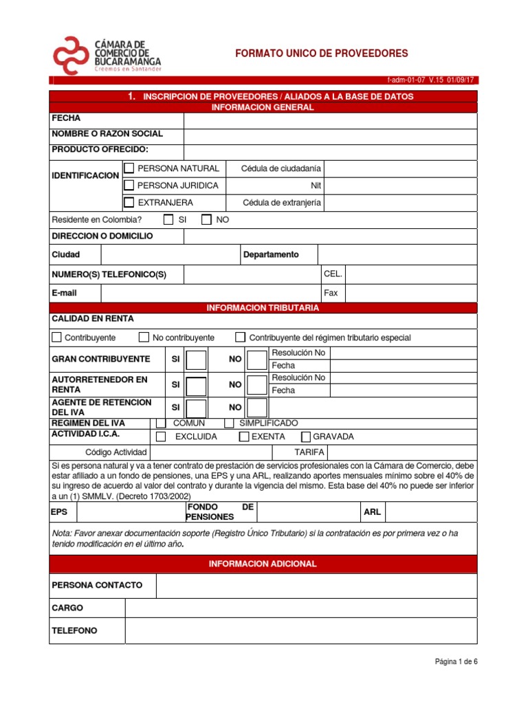 Formato Unico de Proveedores | PDF | Cámara de Comercio | Bancos Formato Unico de Proveedores | PDF | Cámara de Comercio | Bancos