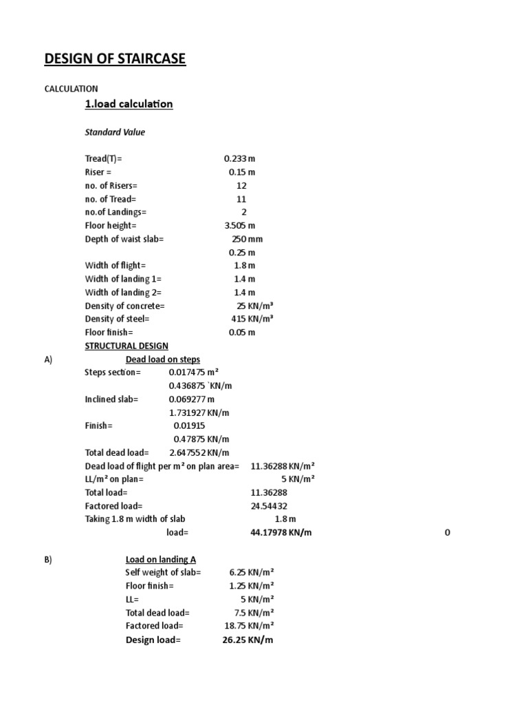 Design of Staircase: 1.load Calculation | PDF | Stairs | Materials