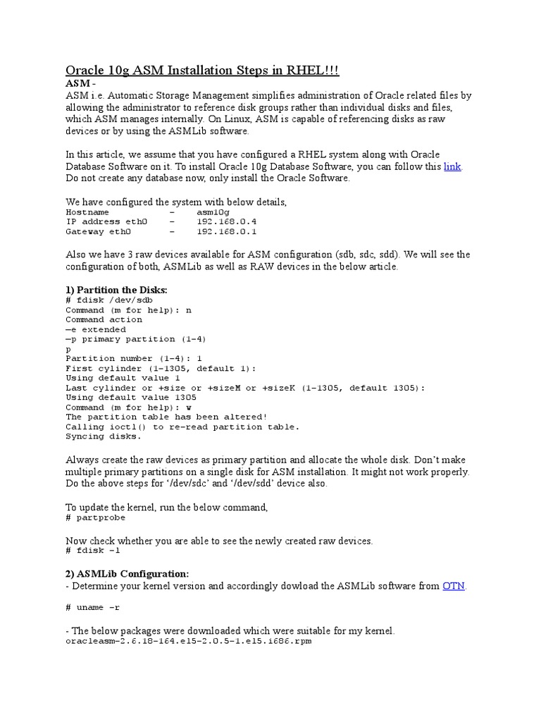 Configuring Oracle 10g Asm On Linux Pdf Oracle Database Device Driver
