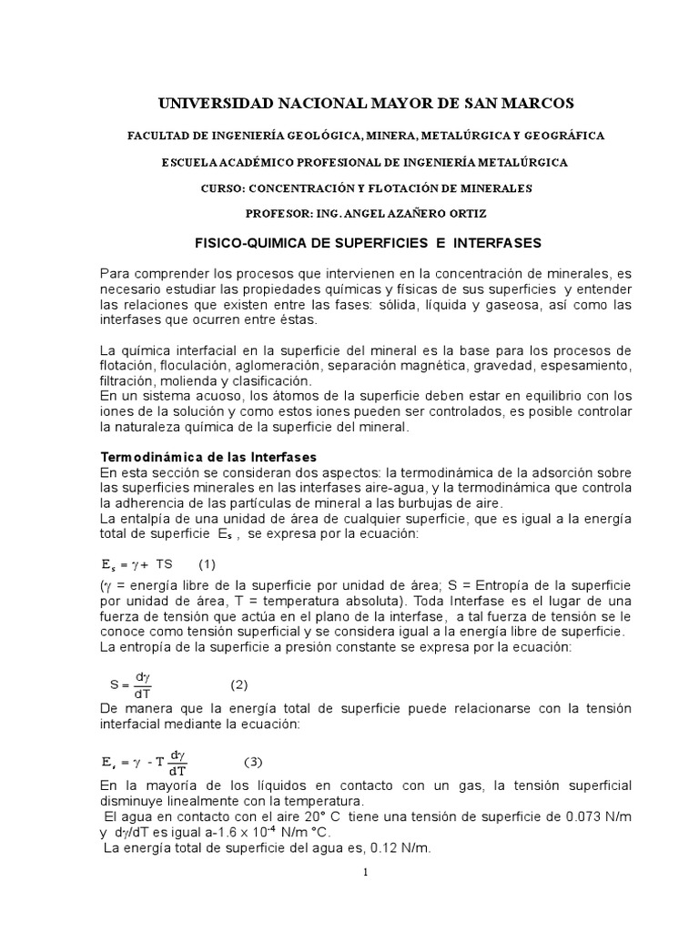 Fisicoquímica de Superficies e Interfaces | PDF | Adsorción | Minerales