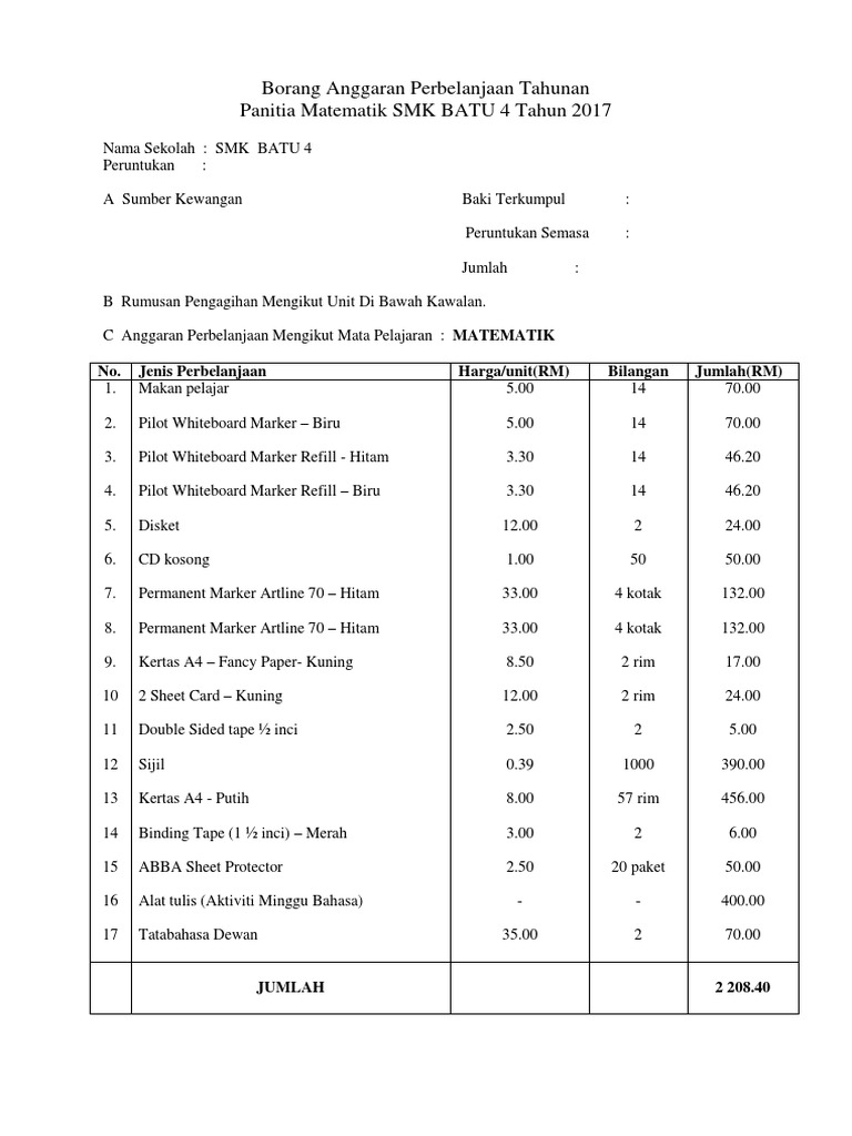 Anggaran Belanjawan Panitia Mat 2017 | PDF