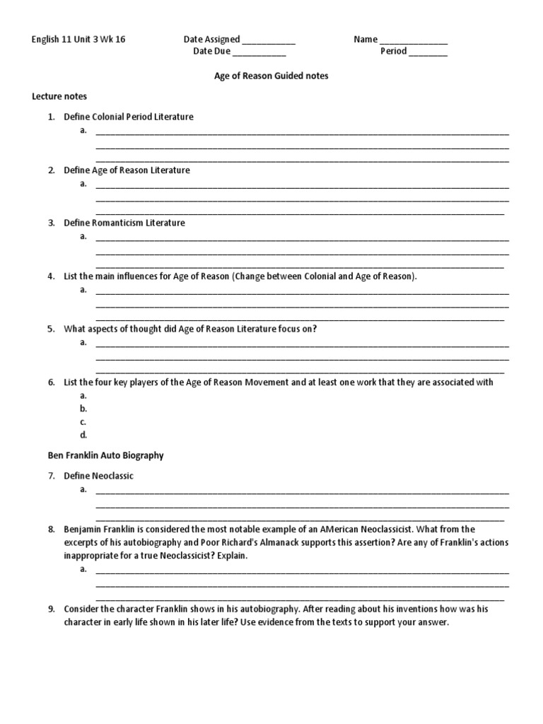 Age of Reason Guided Notes | PDF | Benjamin Franklin | Thomas Paine