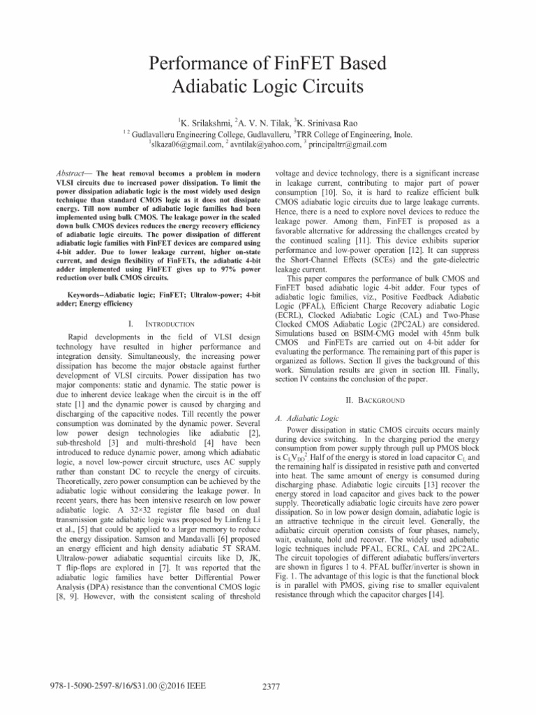 Performance of FinFET Based Adiabatic Logic Circuits | PDF | Cmos | Logic Gate