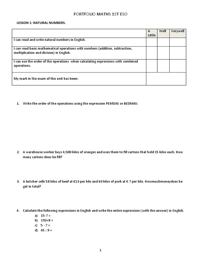 Portfolio Maths 1st Eso - 2015-16 | PDF | Litre | Fraction (Mathematics)