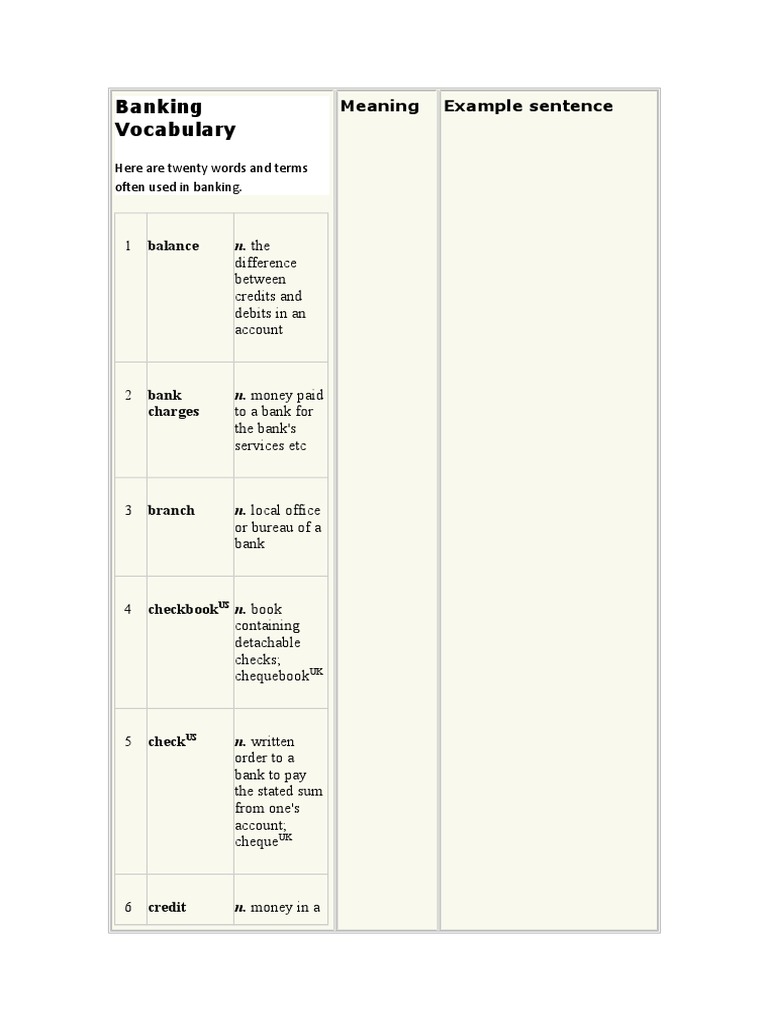 Banking Vocabulary: N. The | PDF | Cheque | Banks