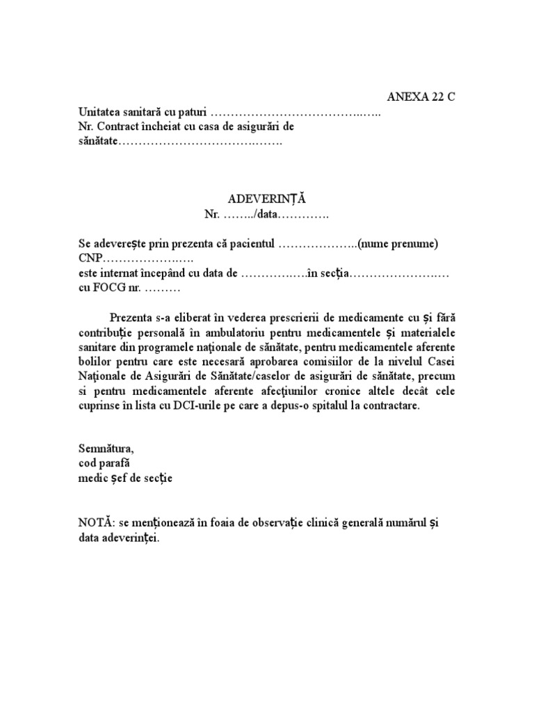 Anexa 22 C - Adeverinta Eliberata de Spital Pentru Eliberare Prescriptie Medicala in Ambulatoriu ...