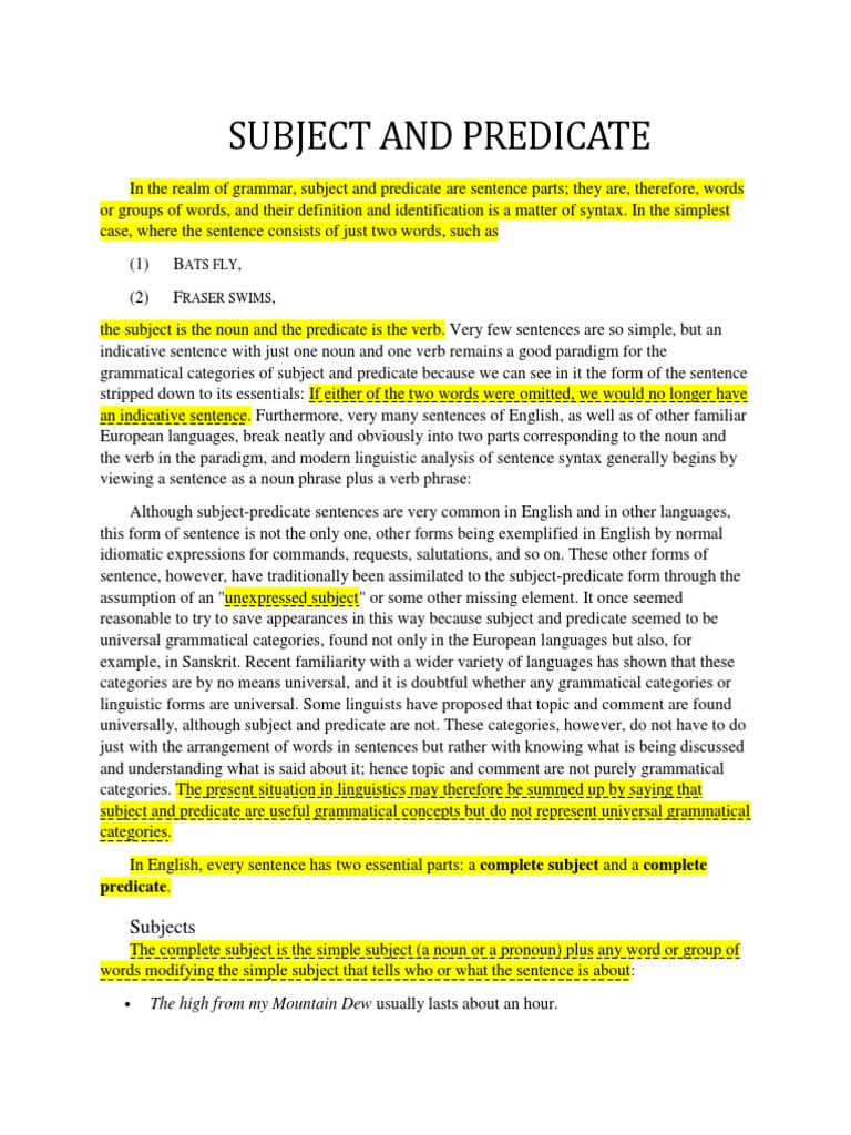 Subject and Predicate | PDF | Subject (Grammar) | Predicate (Grammar)