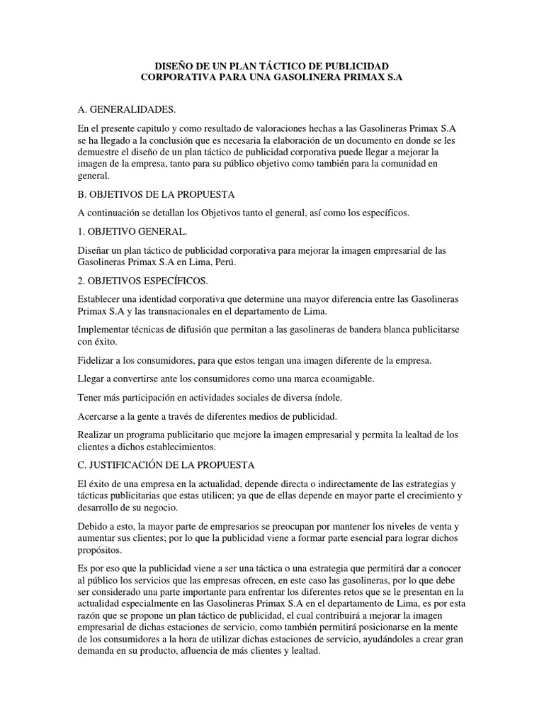 Plan Tactico Primax S.A | PDF | Estación de servicio | Publicidad