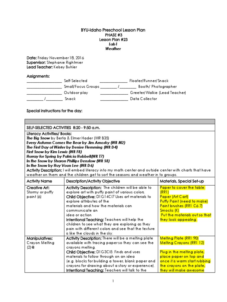 Weather Lesson Plan Preschool | PDF | Weather | Nature