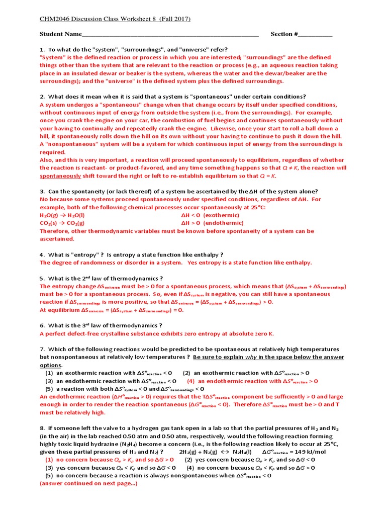 Worksheet 8 (Thermodynamics) With Answers | PDF | Chemical Reactions ...
