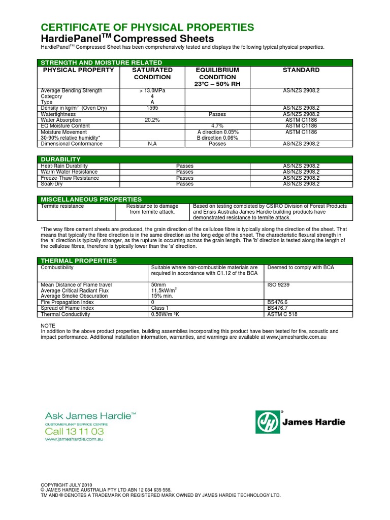 Hardiepanel Compressed Sheets: Certificate of Physical Properties | PDF ...