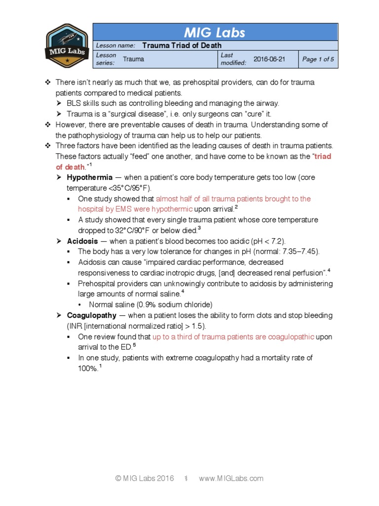 Trauma Triad of Death | PDF | Major Trauma | Emergency Medical Services