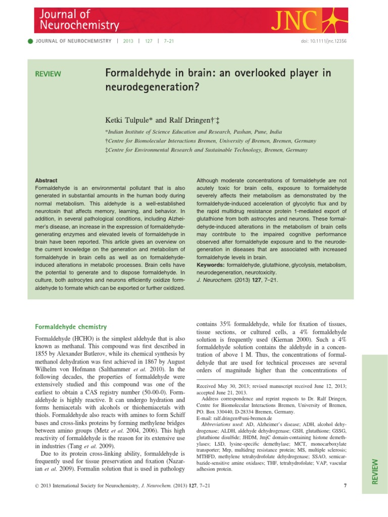 Journal - Formaldehyde in Brain An Overlooked Player in ...
